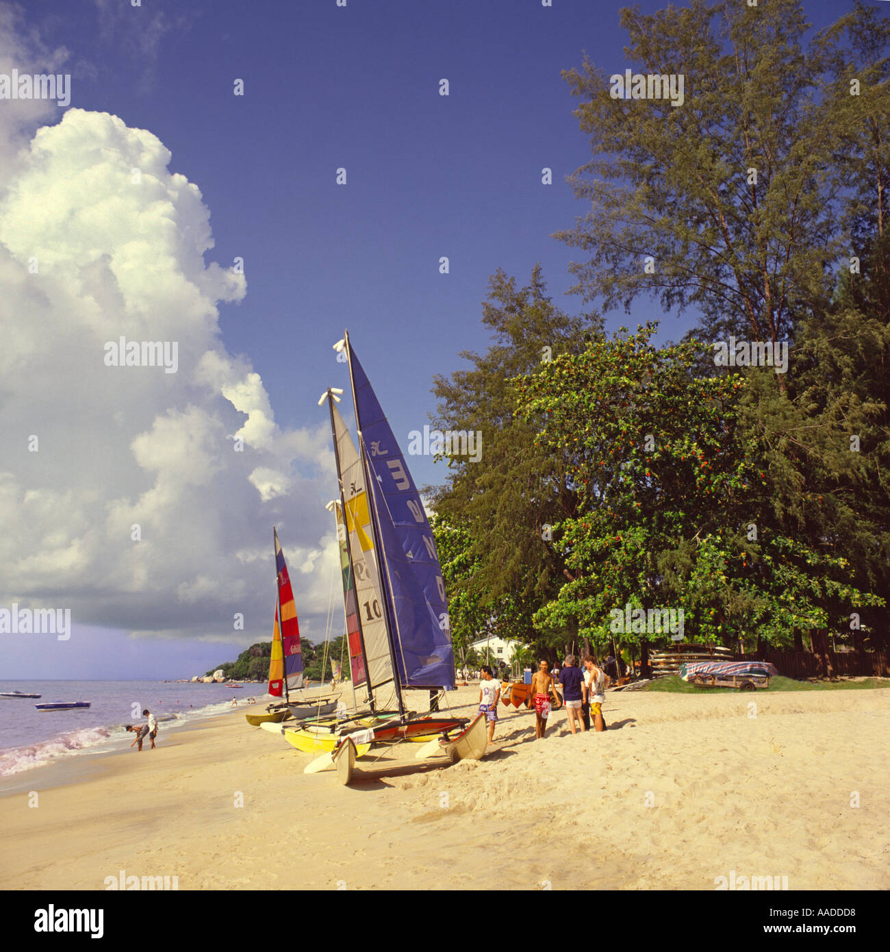 View along Batu Feringgi Beach with boats and Hobie Cat Catamarans on ...