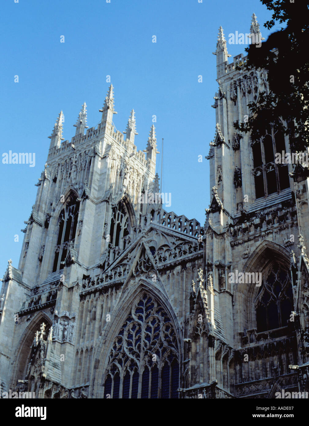 Ornate stonework of the west towers of York Minster, City of York ...
