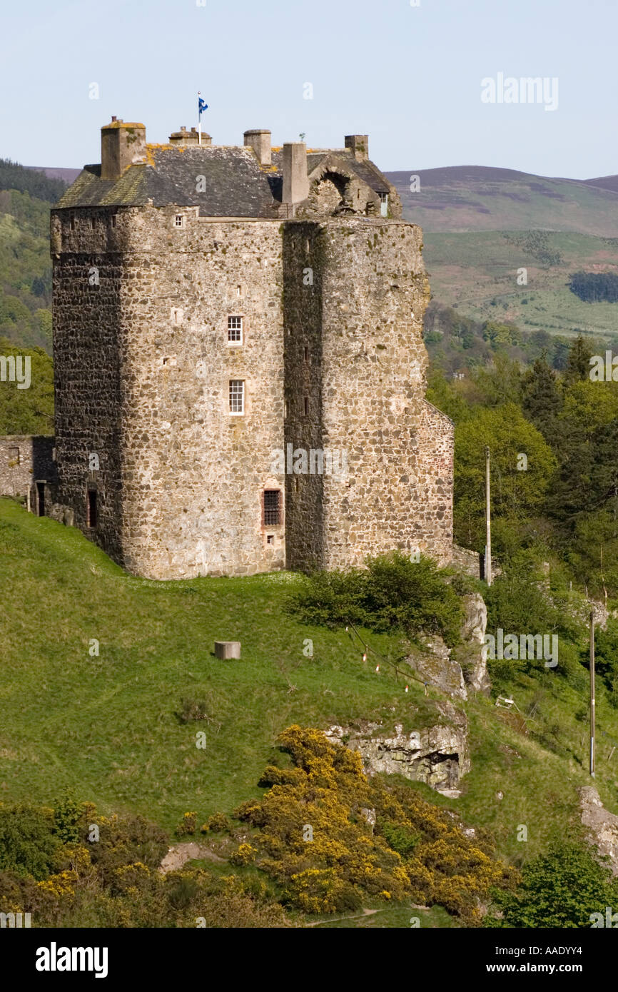 Neidpath Castle above the River Tweed, west of the town of Peebles ...