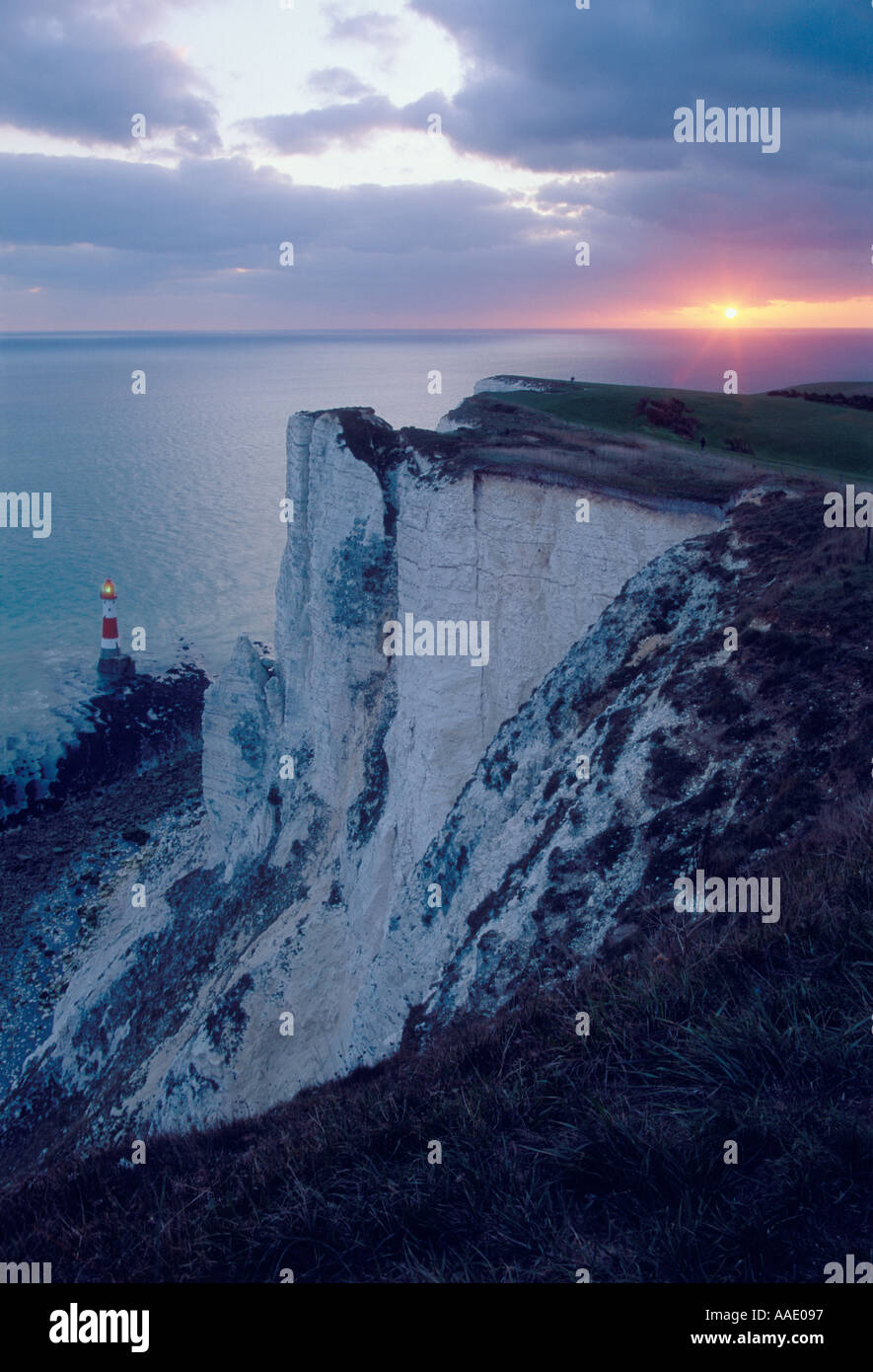 Chalk cliffs and lighthouse at Beachy Head Sussex England UK Stock ...