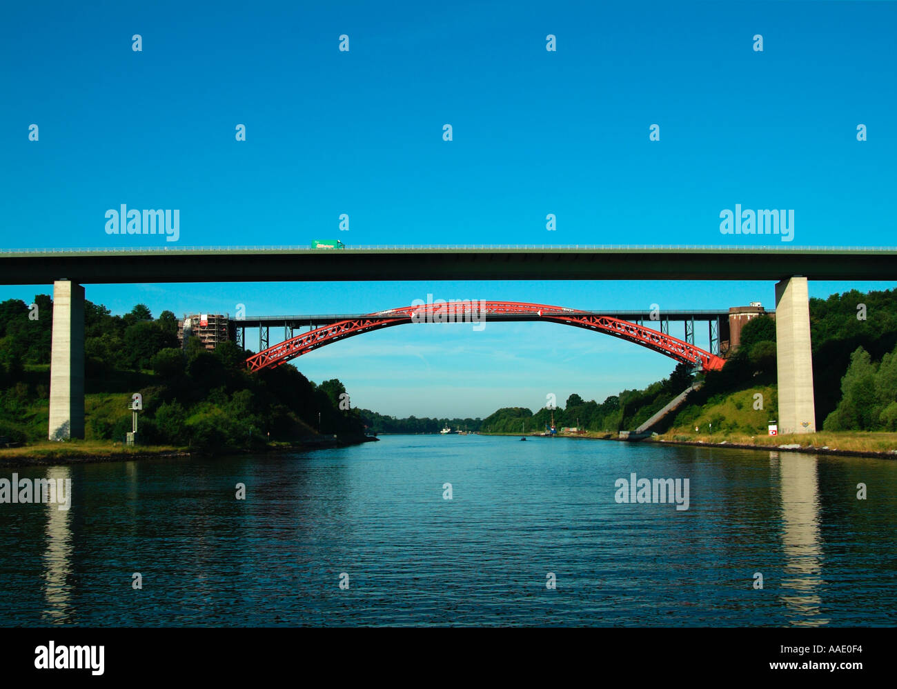 Nord Ostsee Kanal or Kiel Canal showing two bridges over Stock Photo ...