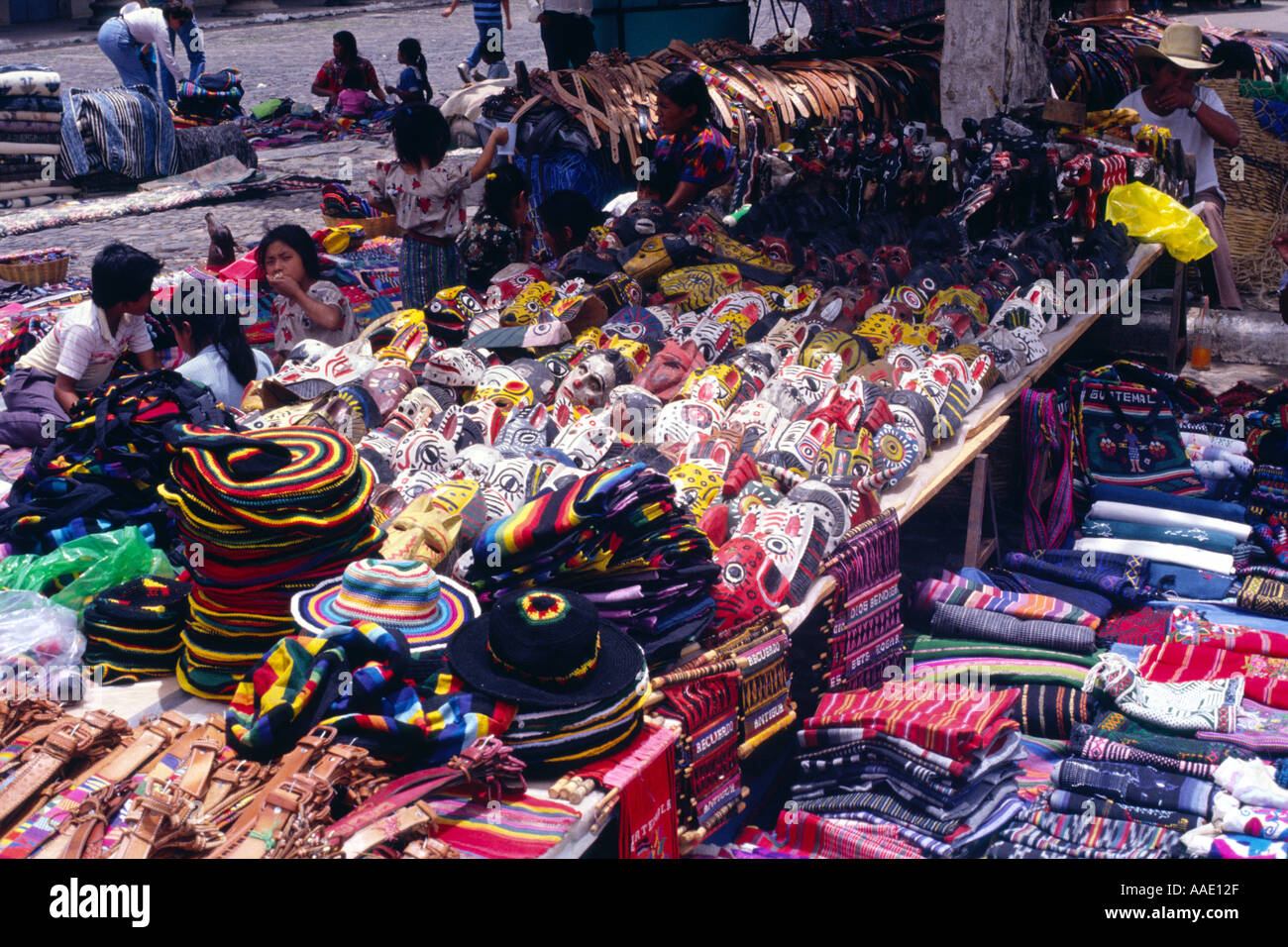 Craft goods and textiles on sale in the square Antigua Guatemala Stock ...