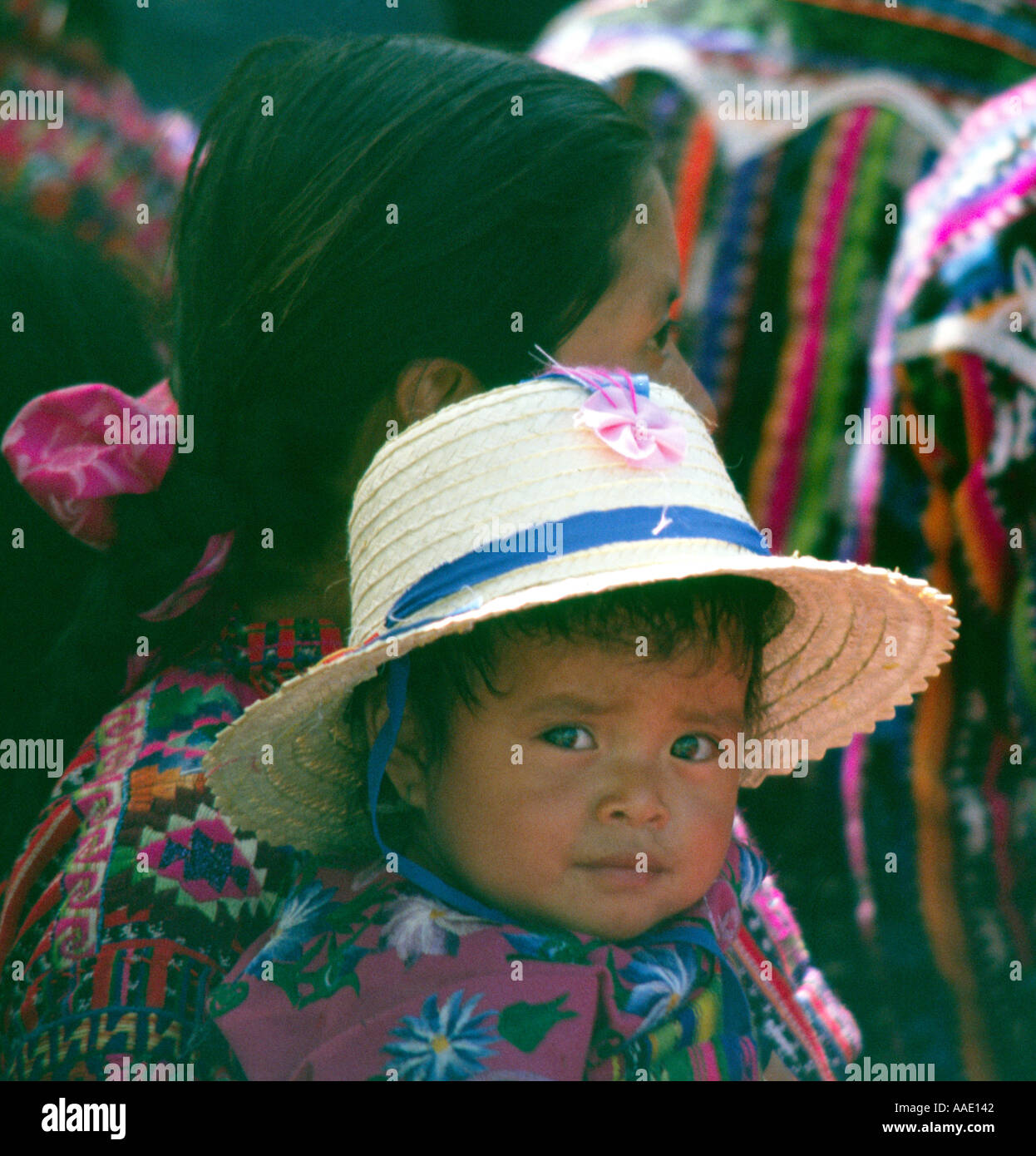 Mother and young child Solola fiesta Mayan quiche people Guatemala ...