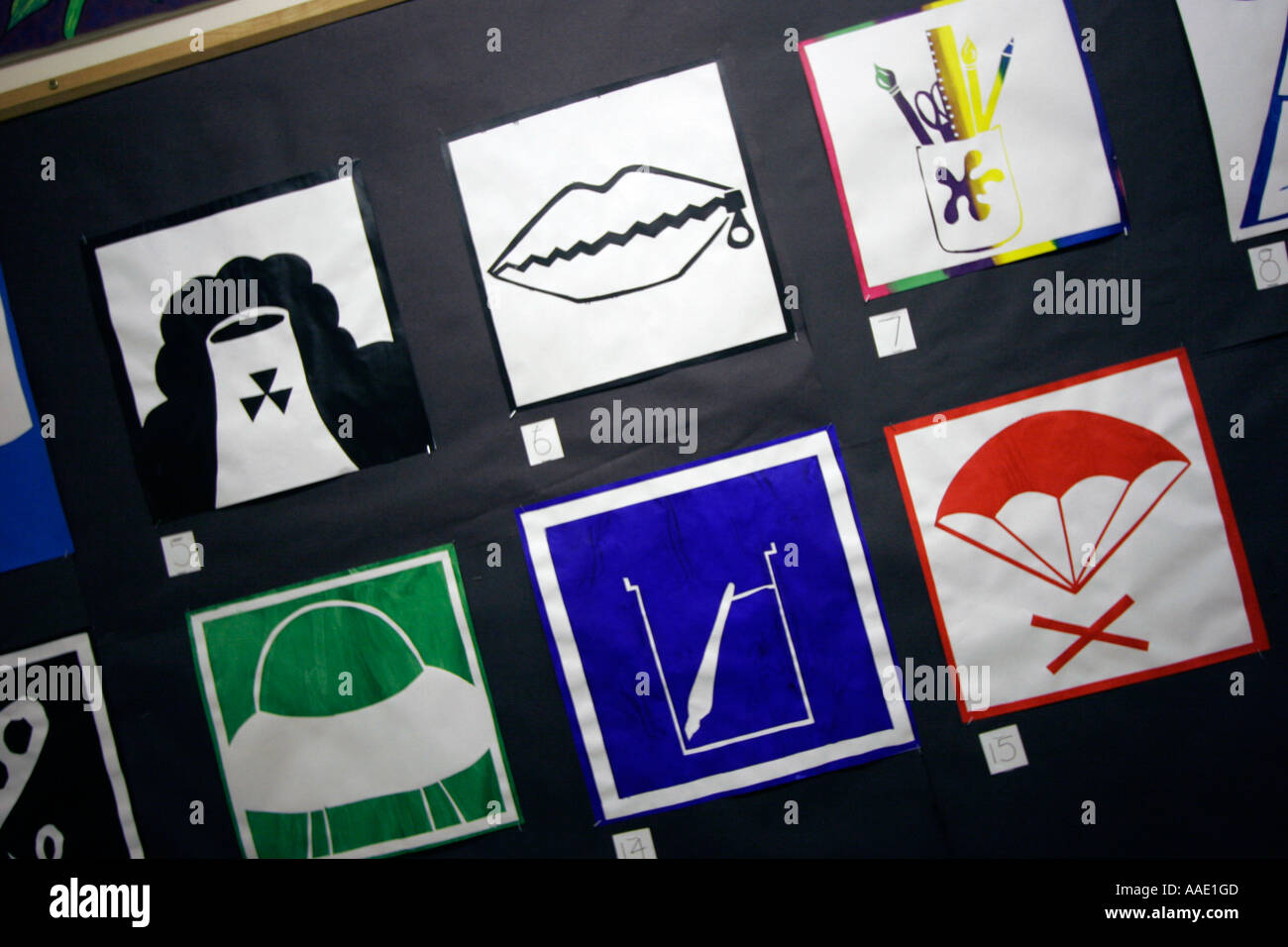 artwork on display on sixth form college walls Stock Photo - Alamy