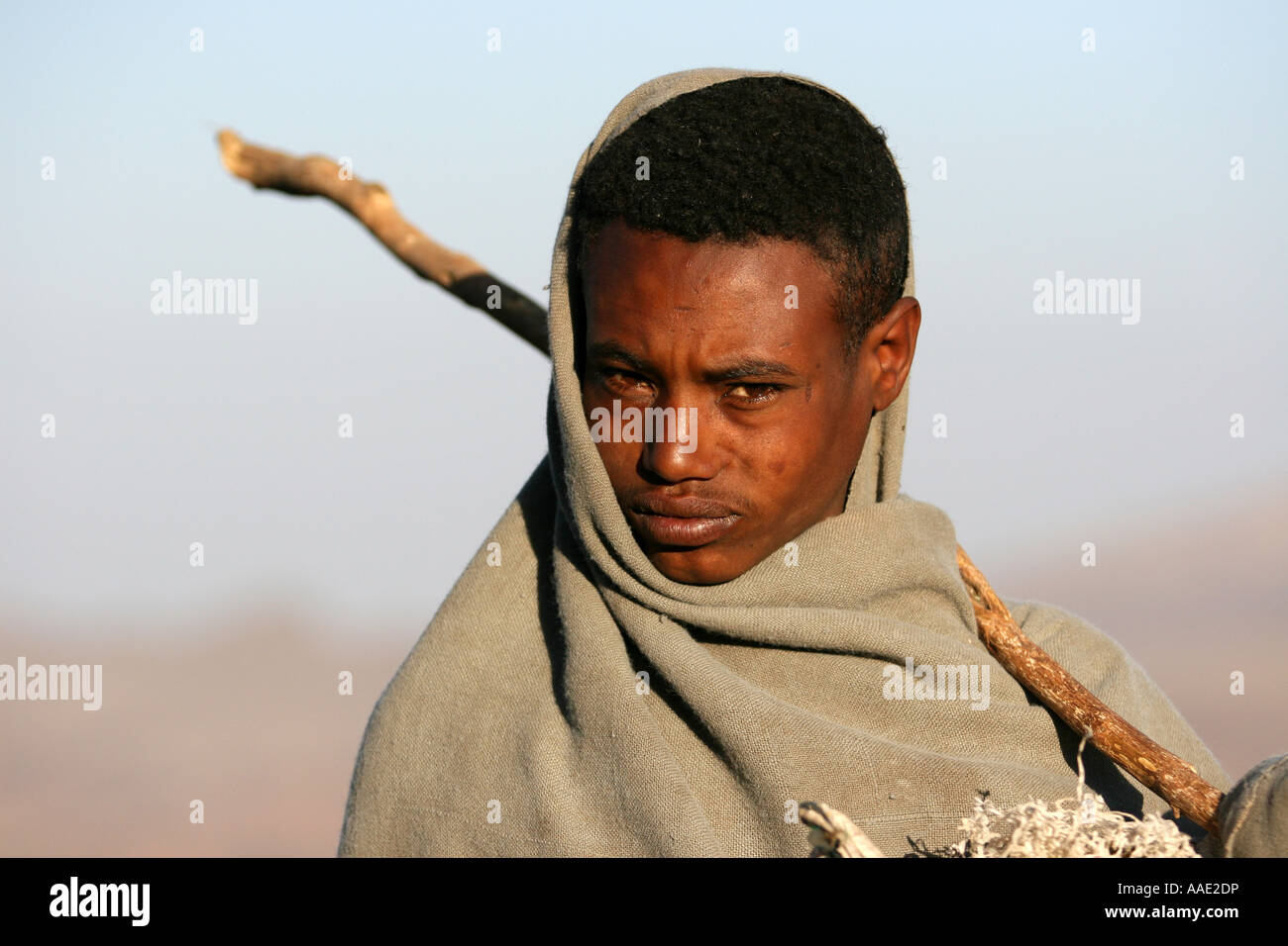 Shepherd boy at dawn while trekking in the Simien Mountains National ...