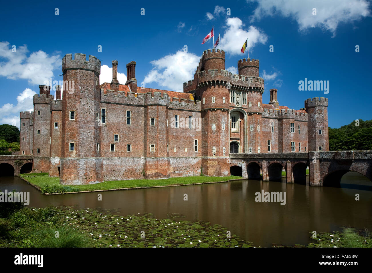 Herstmonceux Castle with moat in foreground Stock Photo - Alamy