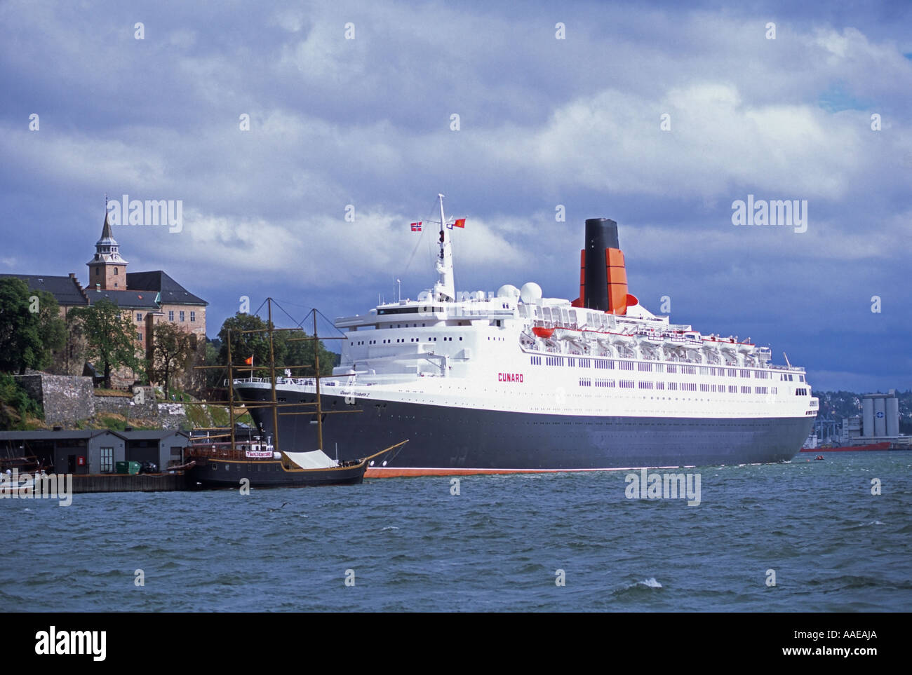 Famous british ocean liner Queen Elizabeth 2 docked in Oslo, Norway ...