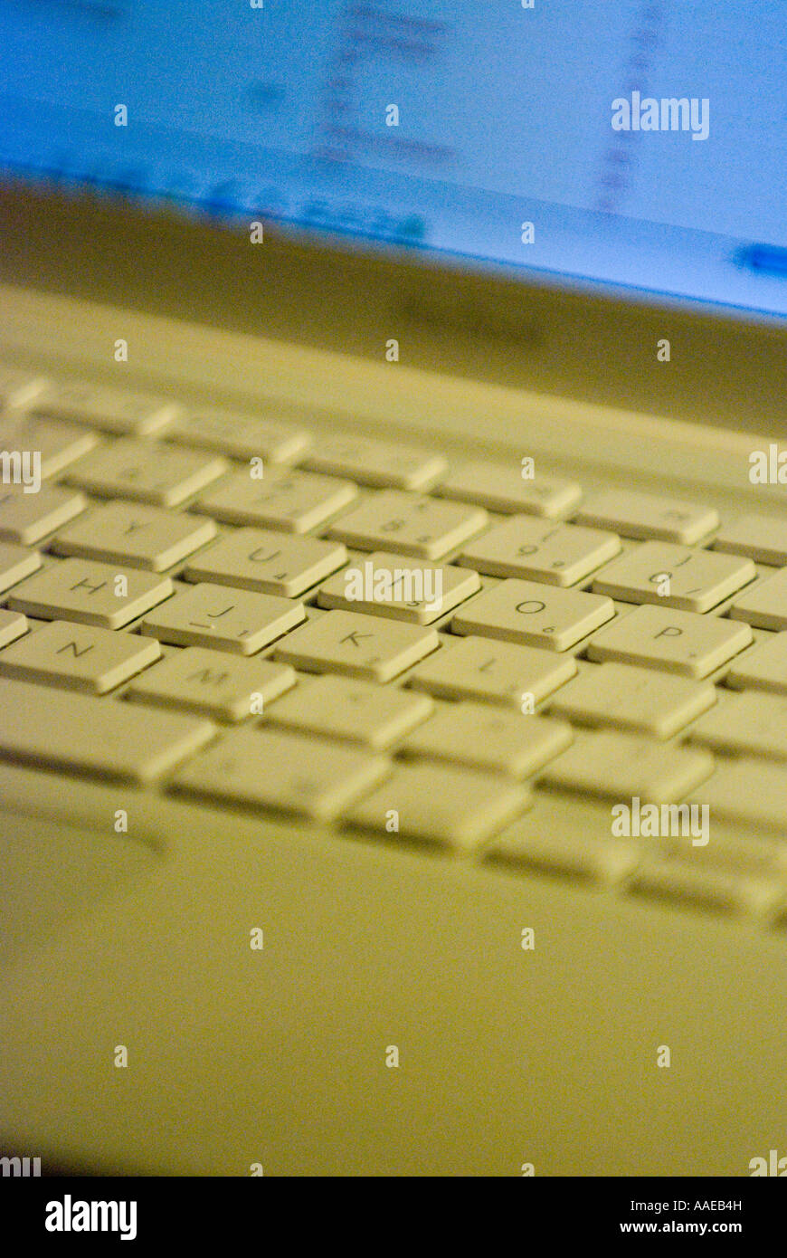 a grainy closeup of a laptop keyboard with a portion of the LCD screen ...