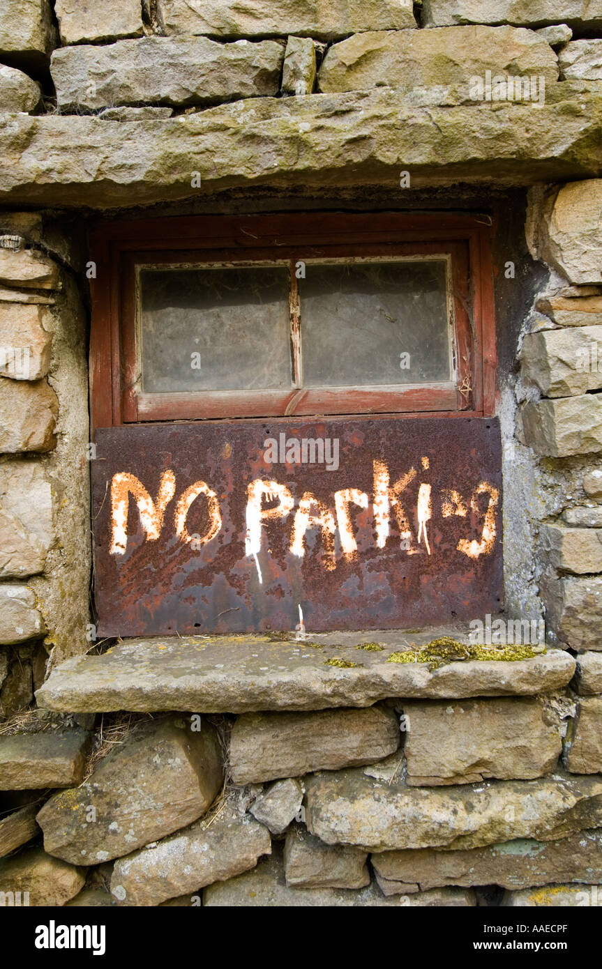 Hand painted no parking sign, Thwaite village, Swaledale, Yorkshire, UK ...