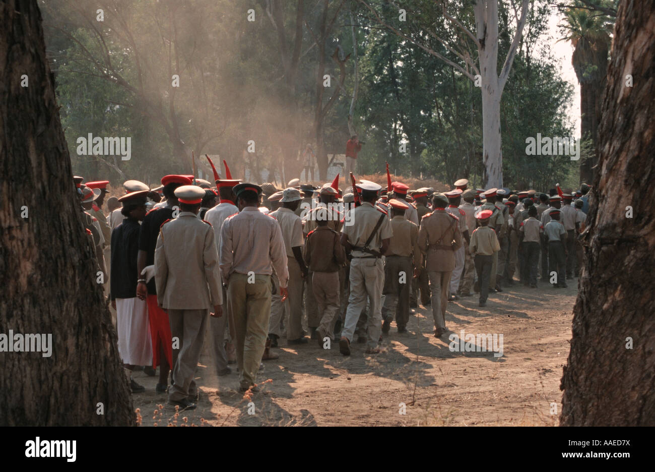Herero men wearing military style dress in procession for the Ma Herero ...
