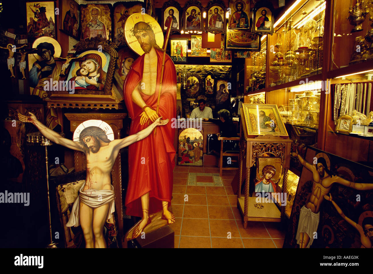 Greek Orthodox Devotional Icons Shop Plaka Stock Photo - Alamy