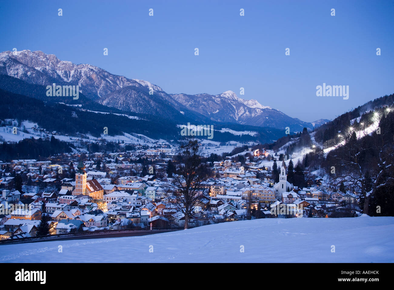 Night slope over snow covered Schladming summit of the Dachsteinregion ...