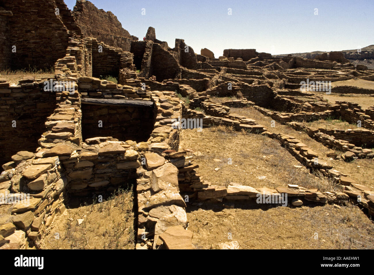 Stone ruins mark walls of Pueblo Bonito, Chaco Culture National ...