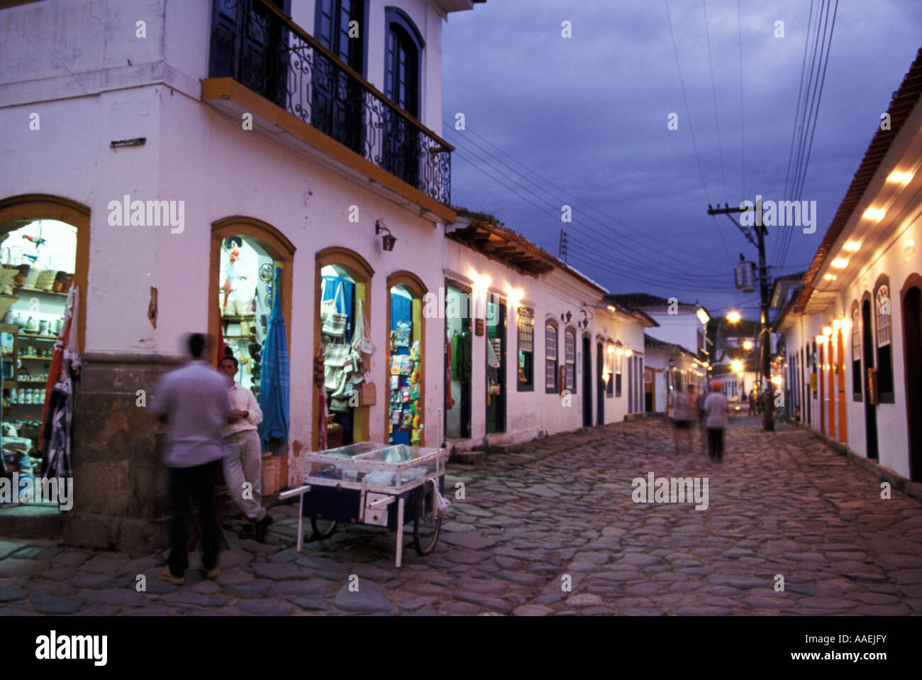 View inside a shopping street in the evening Paraty Rio de Janeiro ...