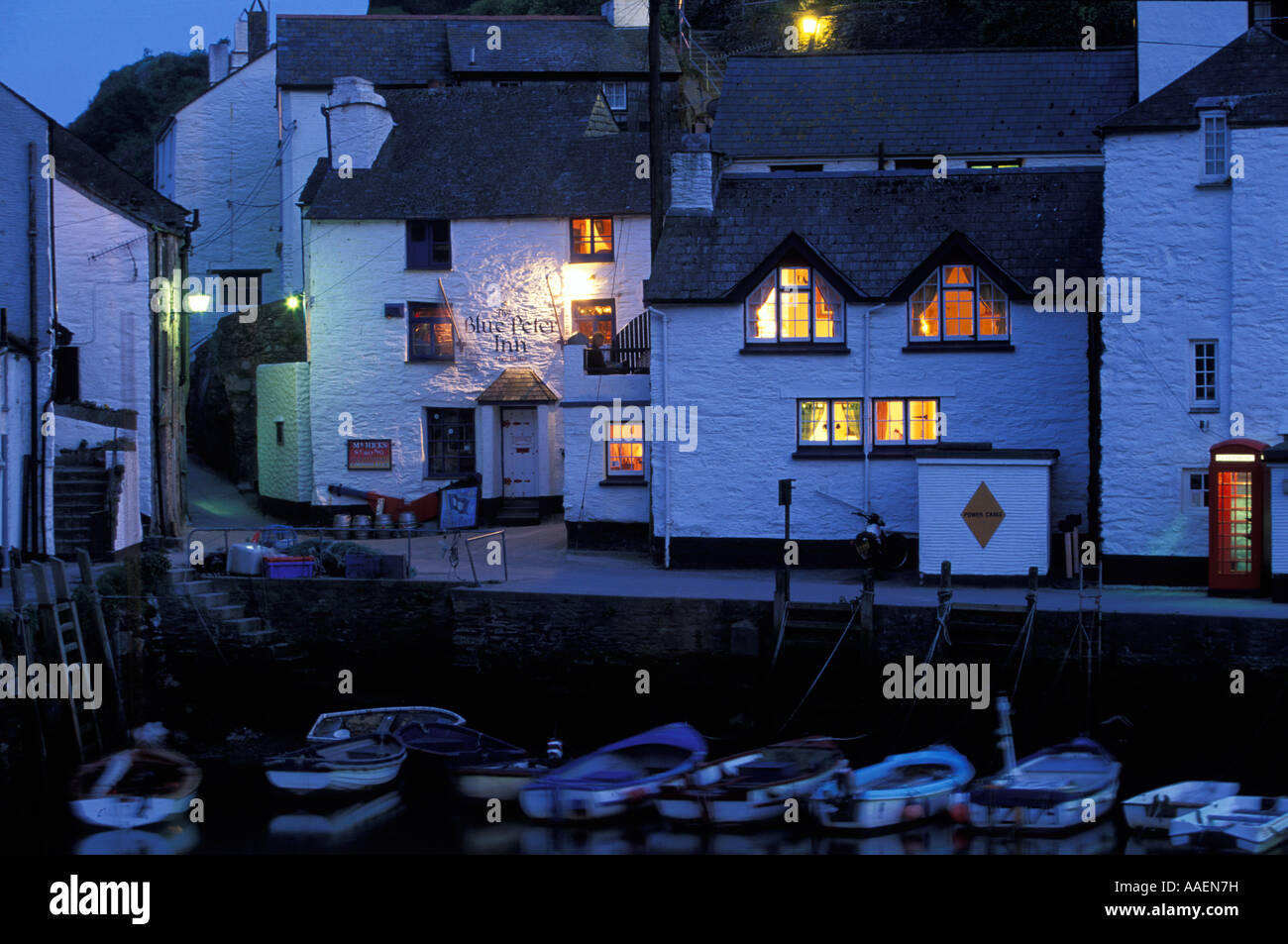 Blue Peter Inn at harbour at night Polperro Cornwall England United ...