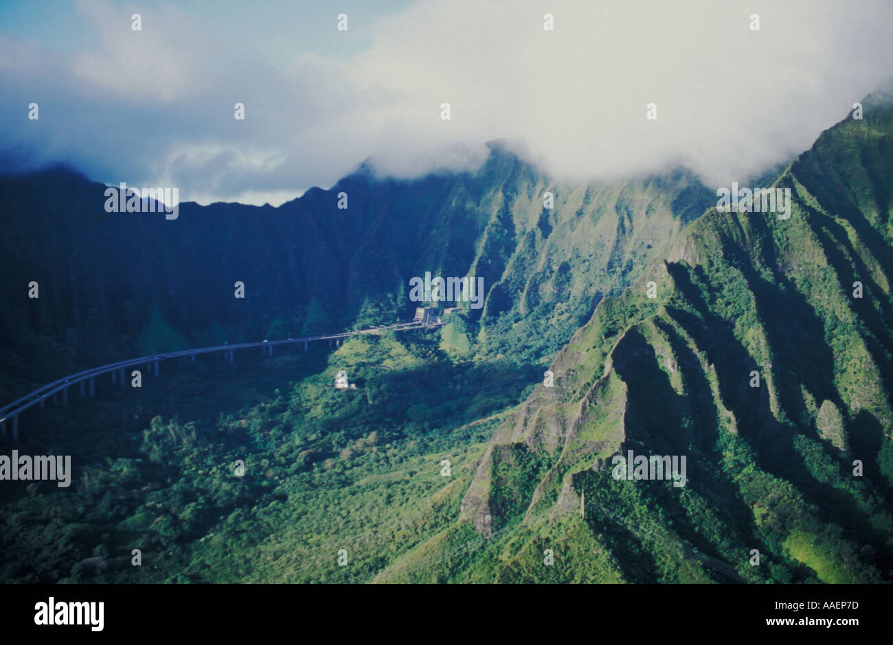 Aerial of H 3 Freeway through Haiku Valley Koolau Mountains Oahu Hawaii ...