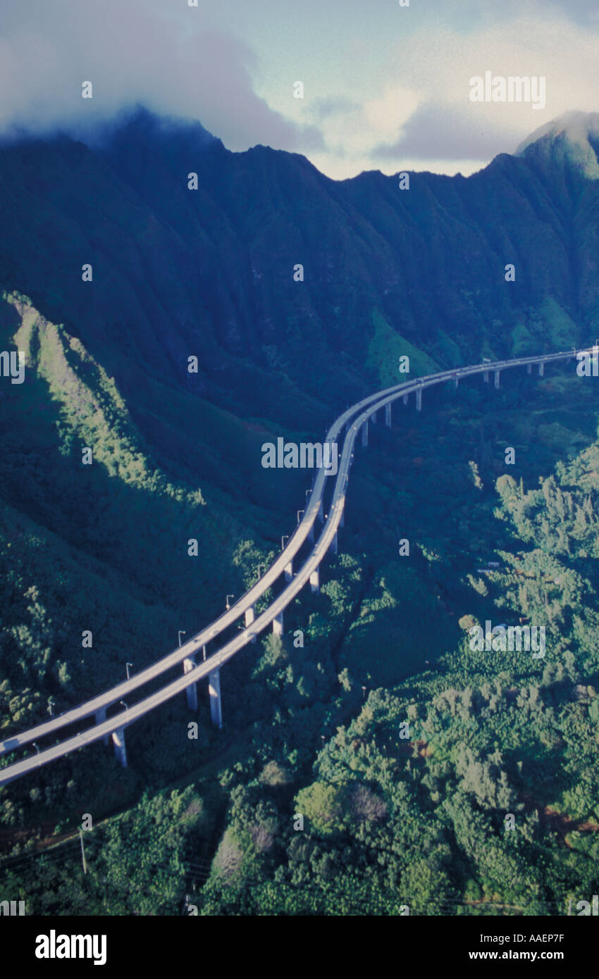 Aerial of H 3 Freeway through Haiku Valley Koolau Mountains Oahu Hawaii ...