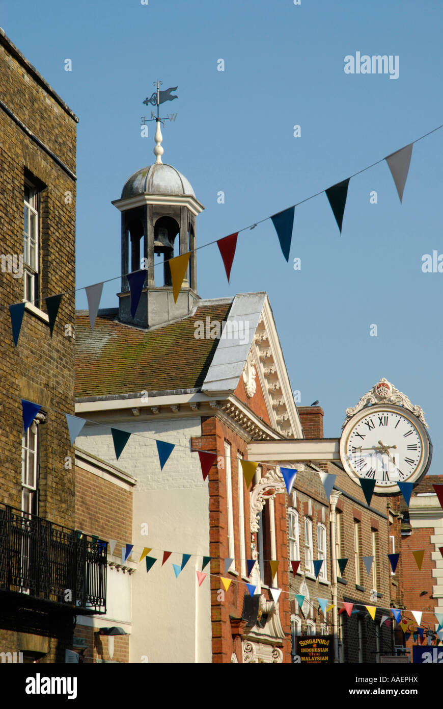 The Old Corn Exchange and clock, High Street Rochester Kent Stock Photo ...