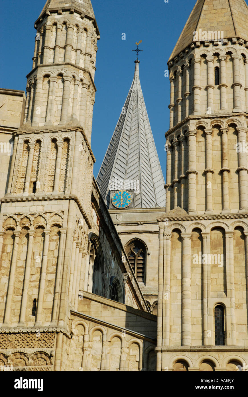 Close up of Rochester Cathedral spires and towers against clear blue ...