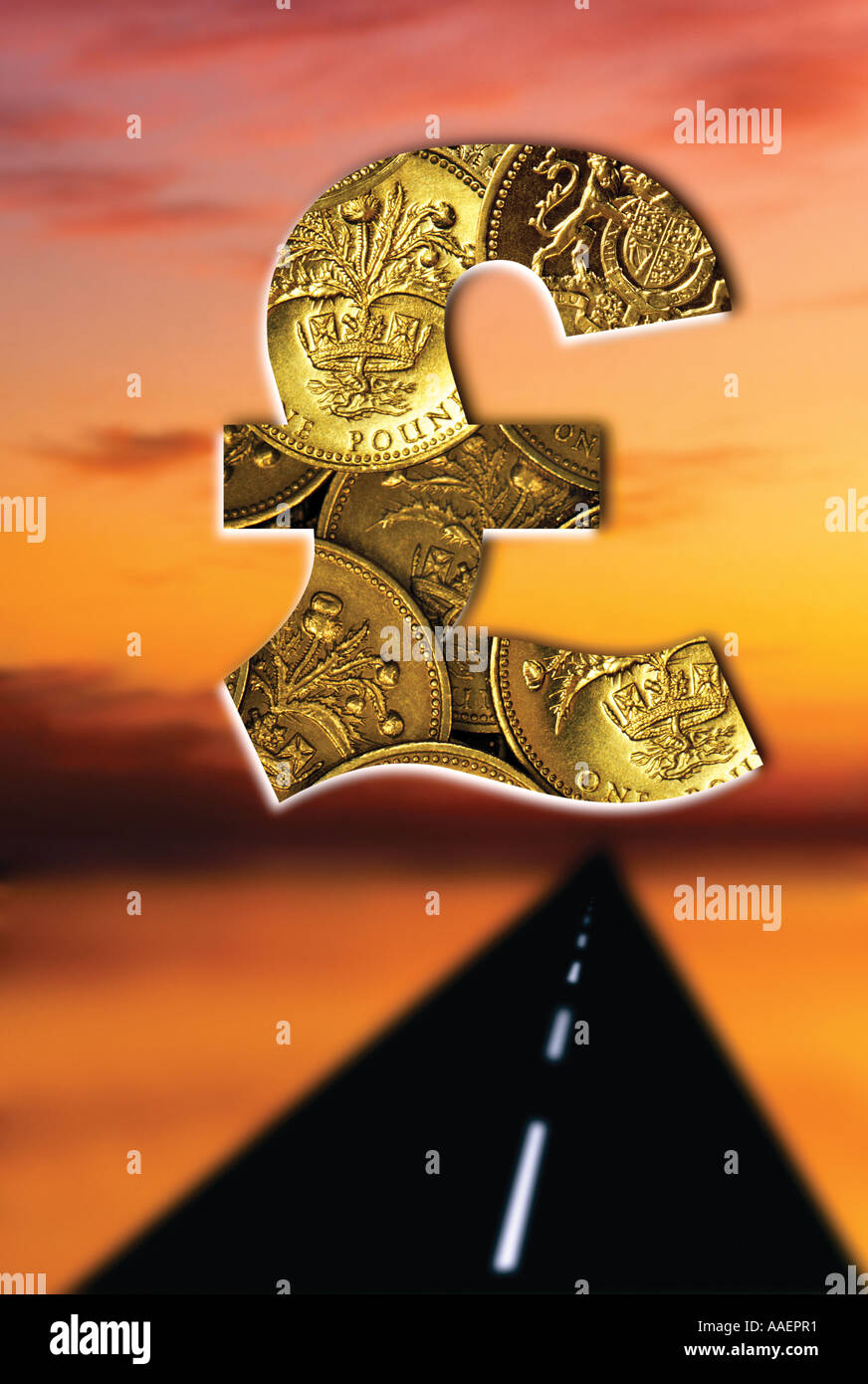 Pound coin sign Road to riches Stock Photo - Alamy
