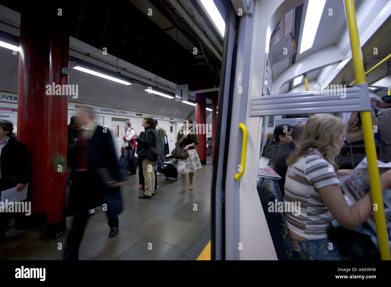 London Underground tube network Interior and exterior of tube train ...