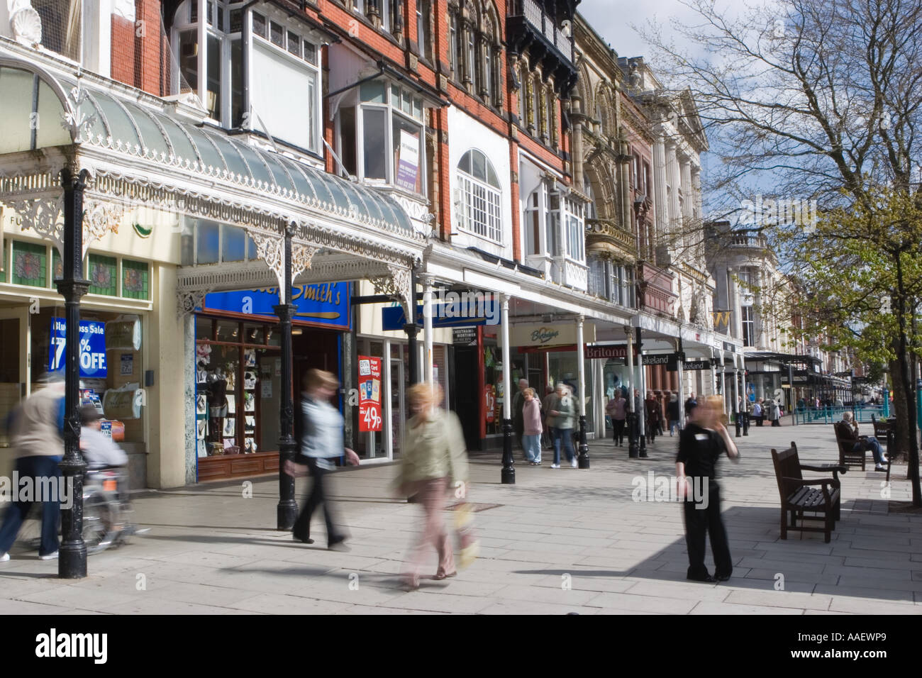 Streetscape of Southport Town centre shopping arcades, Lord Street ...