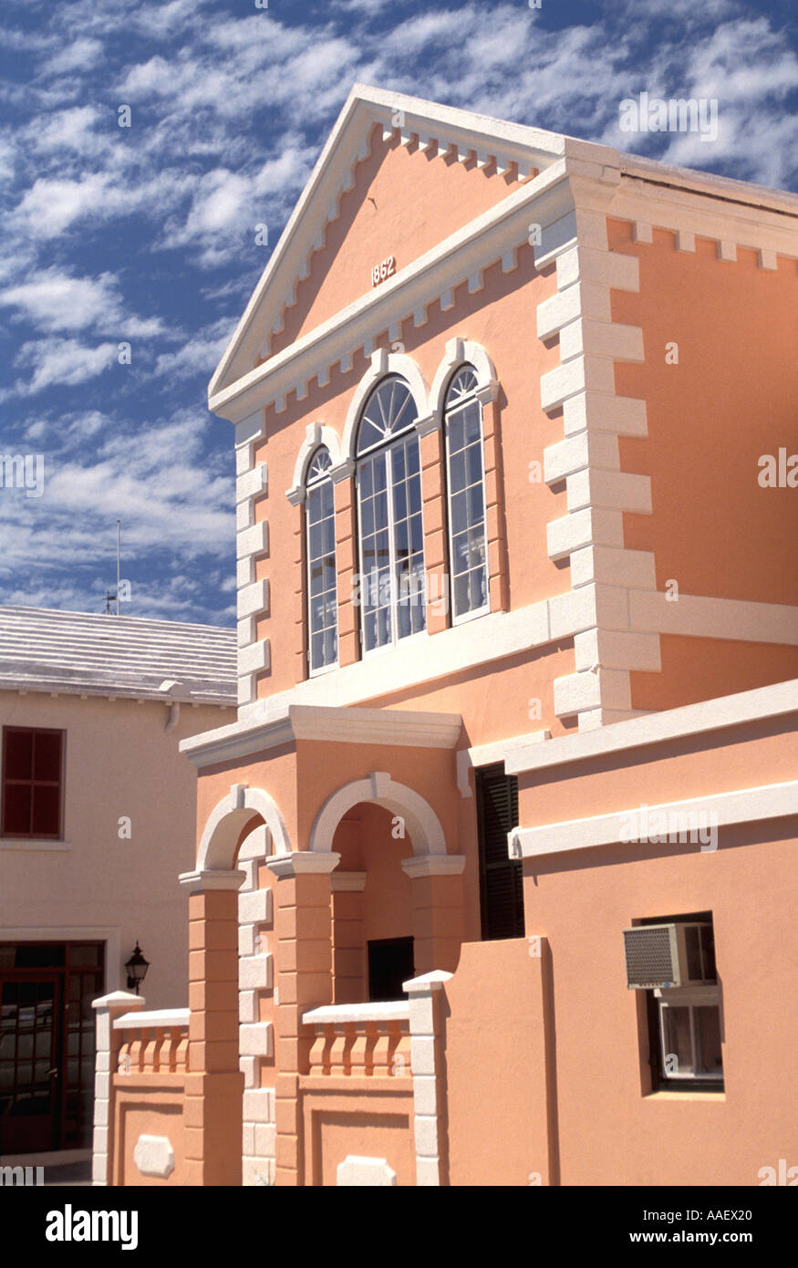 Bermuda Architecture Pink Office Building Blue Sky background White ...