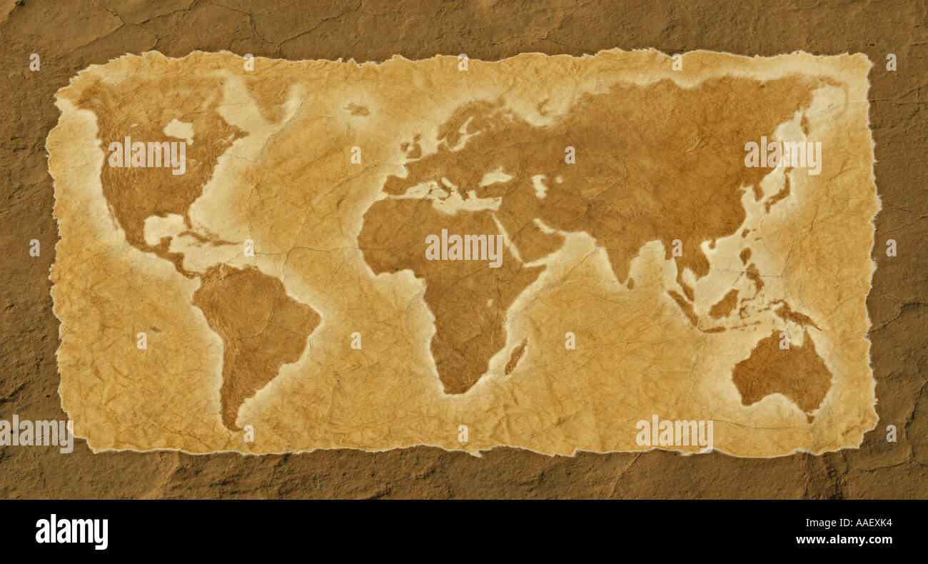 World map on textured brown paper Stock Photo - Alamy