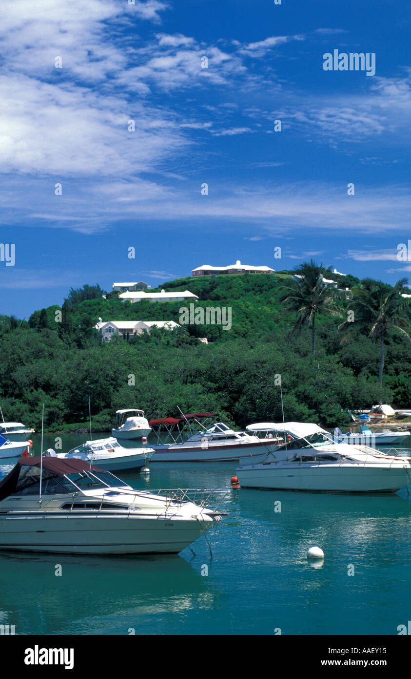 Bermuda Hamilton Harbour marina white motorboats at anchor Stock Photo ...