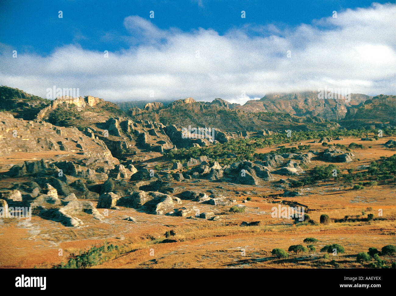Rocky landscape scenery sandstone cliffs typical of Isalo National Park ...