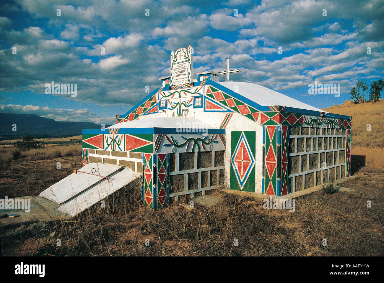 Decorated family tomb on hillside near Ambalavao Central Madagascar ...