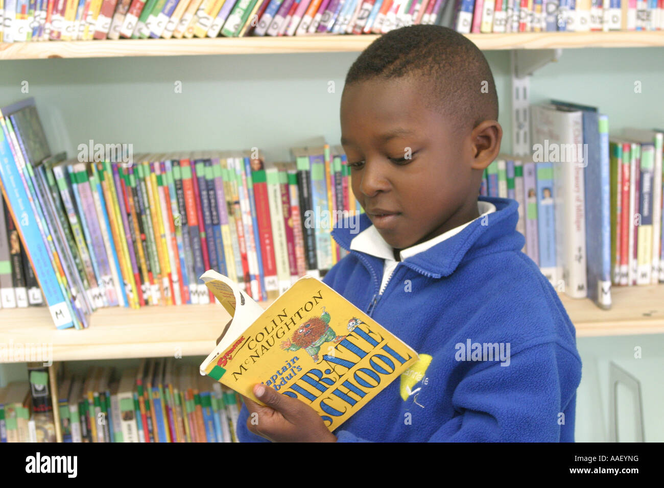 Primary school boy in school library reading books Stock Photo - Alamy