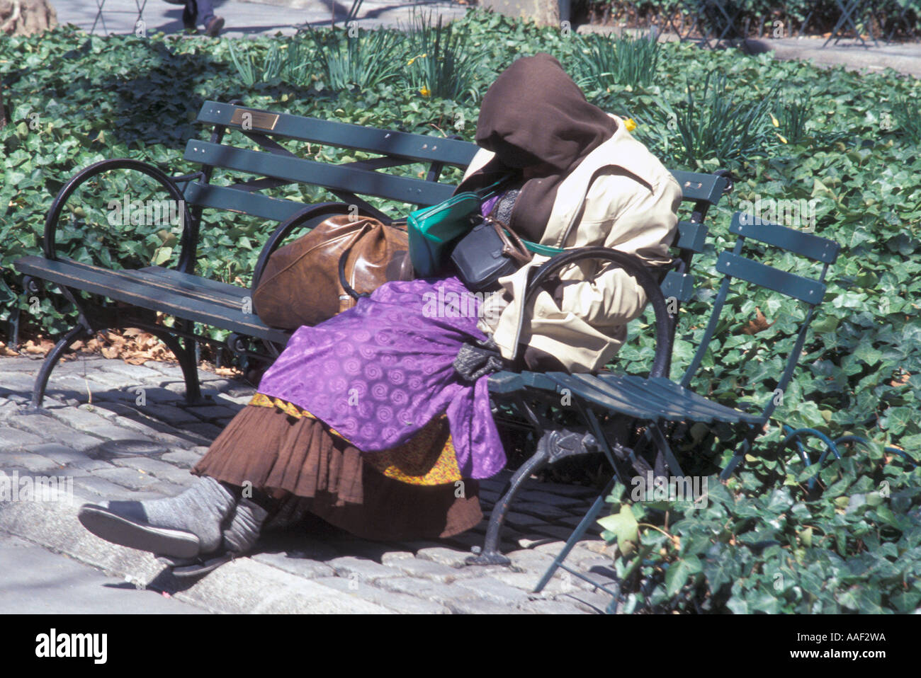 Homeless woman sitting on park bench wearing many layers of clothes ...