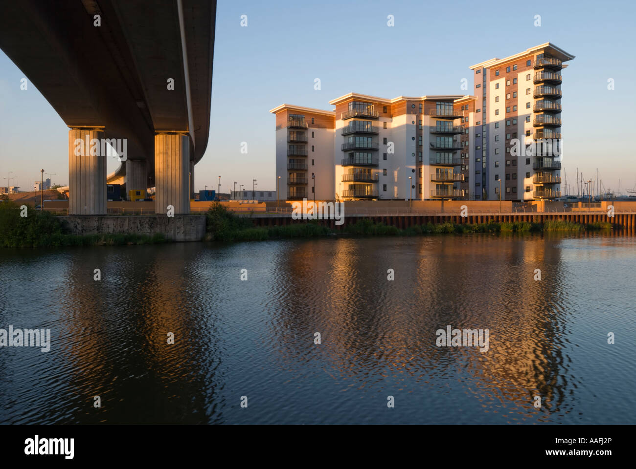 Apartment Blocks and road bridge at the recently redeveloped Cardiff ...