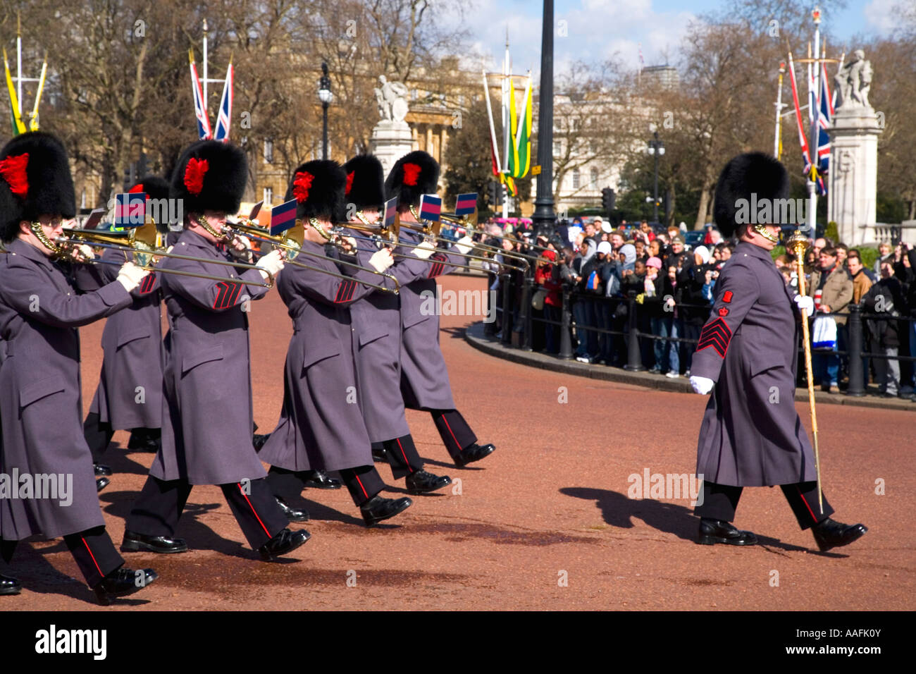 The Coldstream Guards Regiment with regimental band playing music and ...