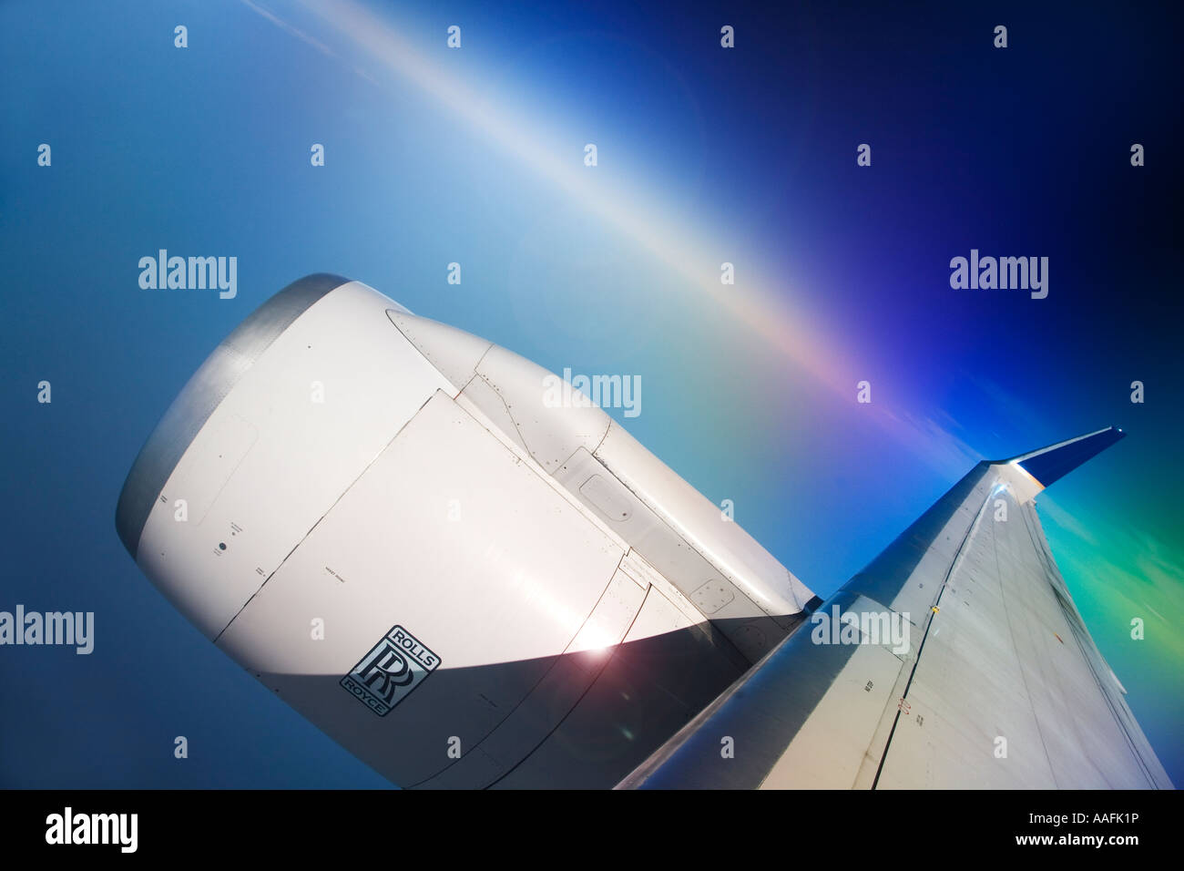 Rolls Royce aero engine on transatlantic flight jet passenger airplane ...