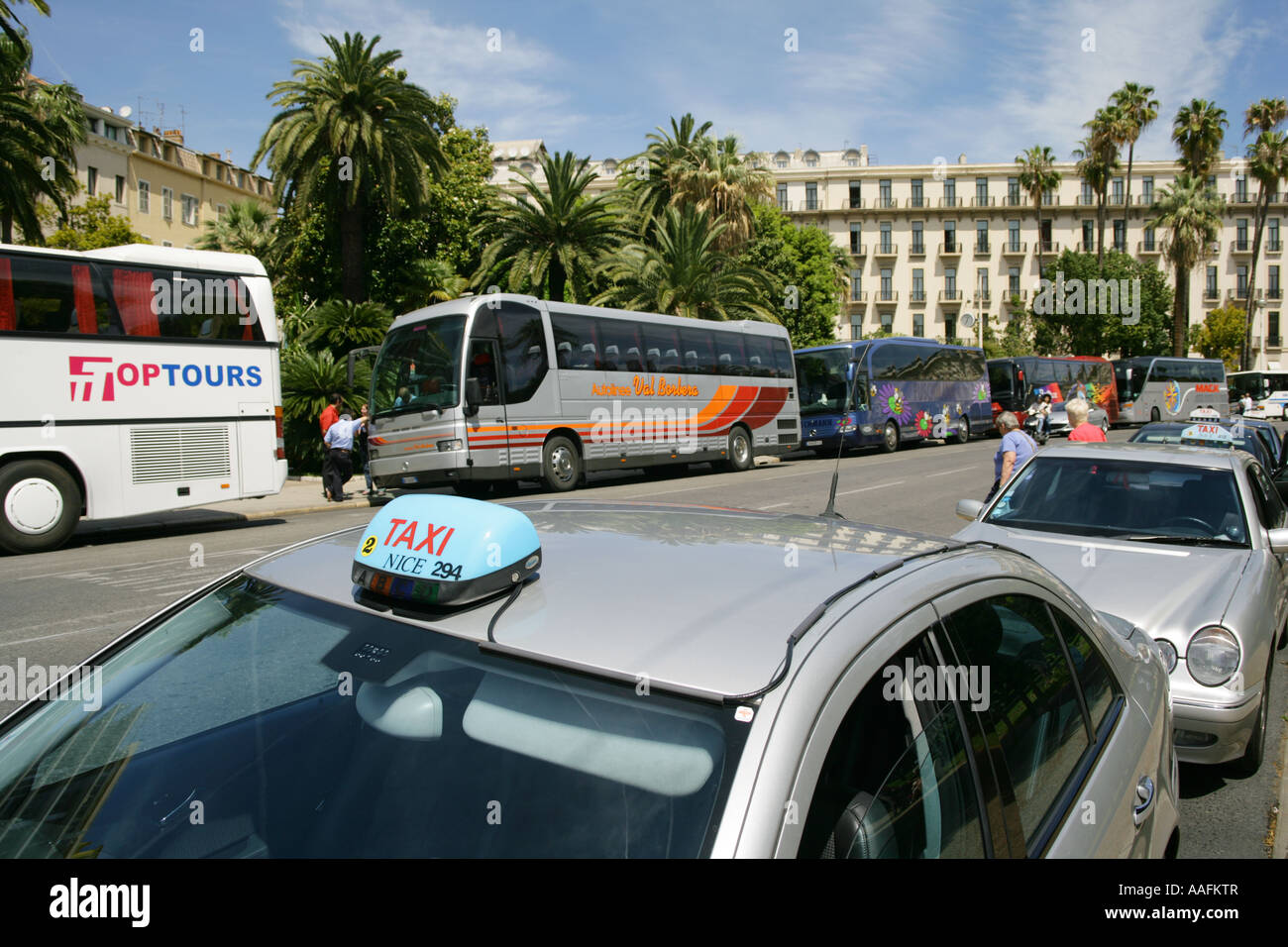 Taxis and tourist coaches near the Gardens Albert Ist, Nice, France ...