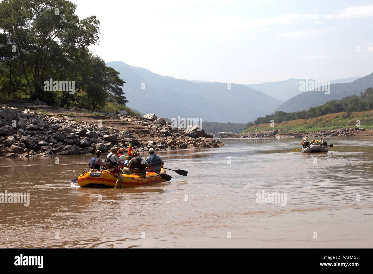 People white water rafting on Blue Nile river in inflatable boats on ...