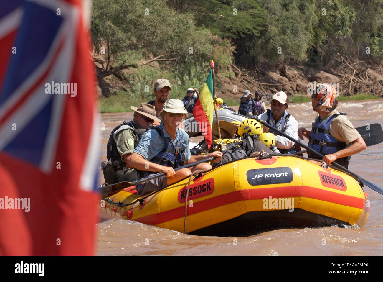 People with Union Jack flag white water rafting on Blue Nile river in ...