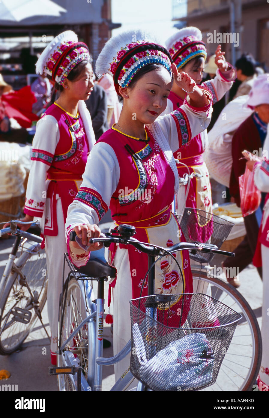 Bai women in traditional costume Wase market Er Hai Lake nr Dali Yunnan ...