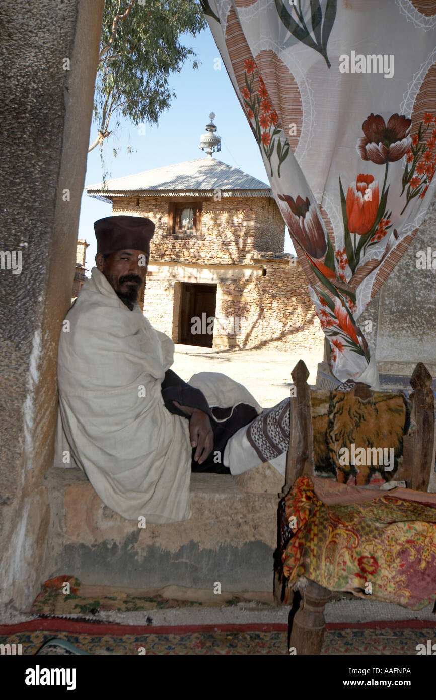 Monk in doorway of Aksumite church in 2800m high Debre Damo mountain ...