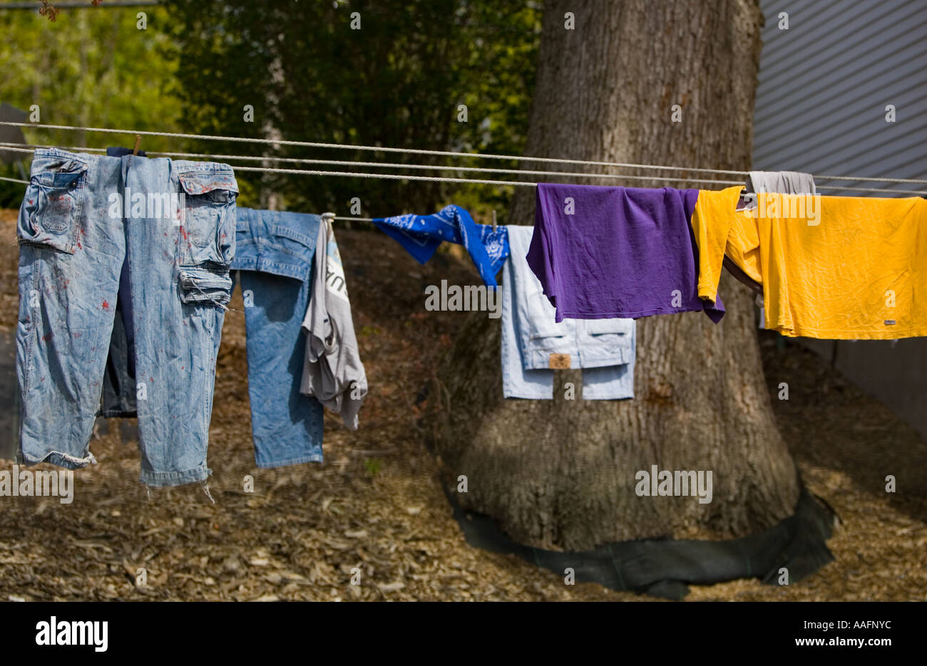 Clothing drying on a clothesline Stock Photo - Alamy