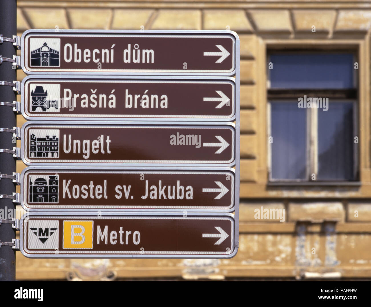 Prague, Czech Republic. Signs in Old Town centre to sightseeing ...