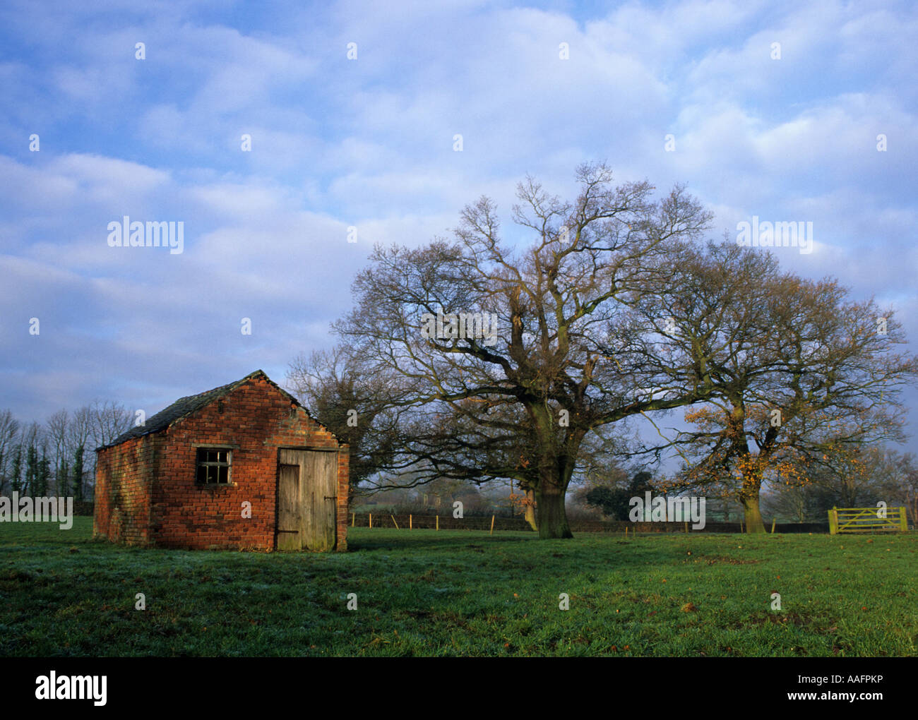 Brick Farm Building With Trees Stock Photo - Alamy