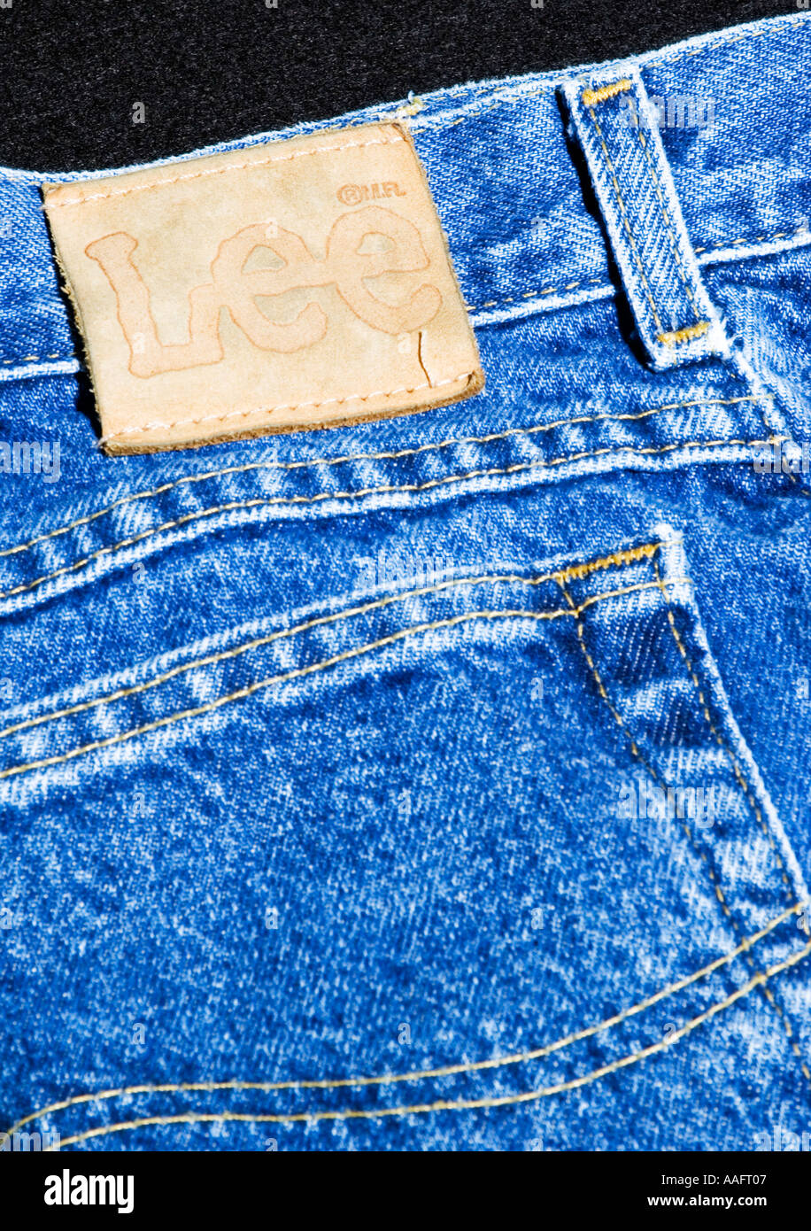 Lee Brand Blue Jeans USA logo on denim fabric, highlighting the iconic ...