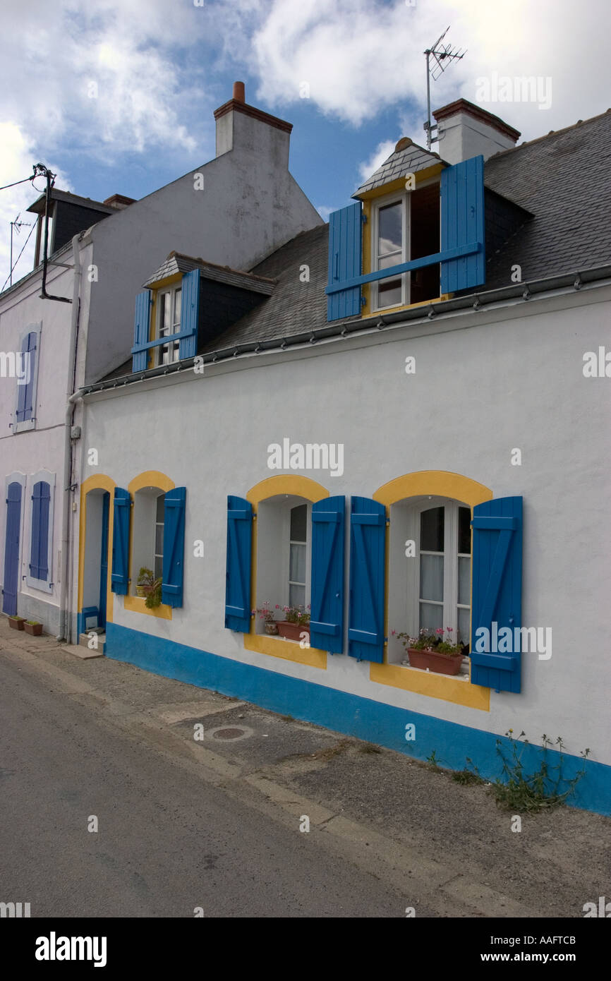 wall frontage of house with blue door and window in belle ile france ...