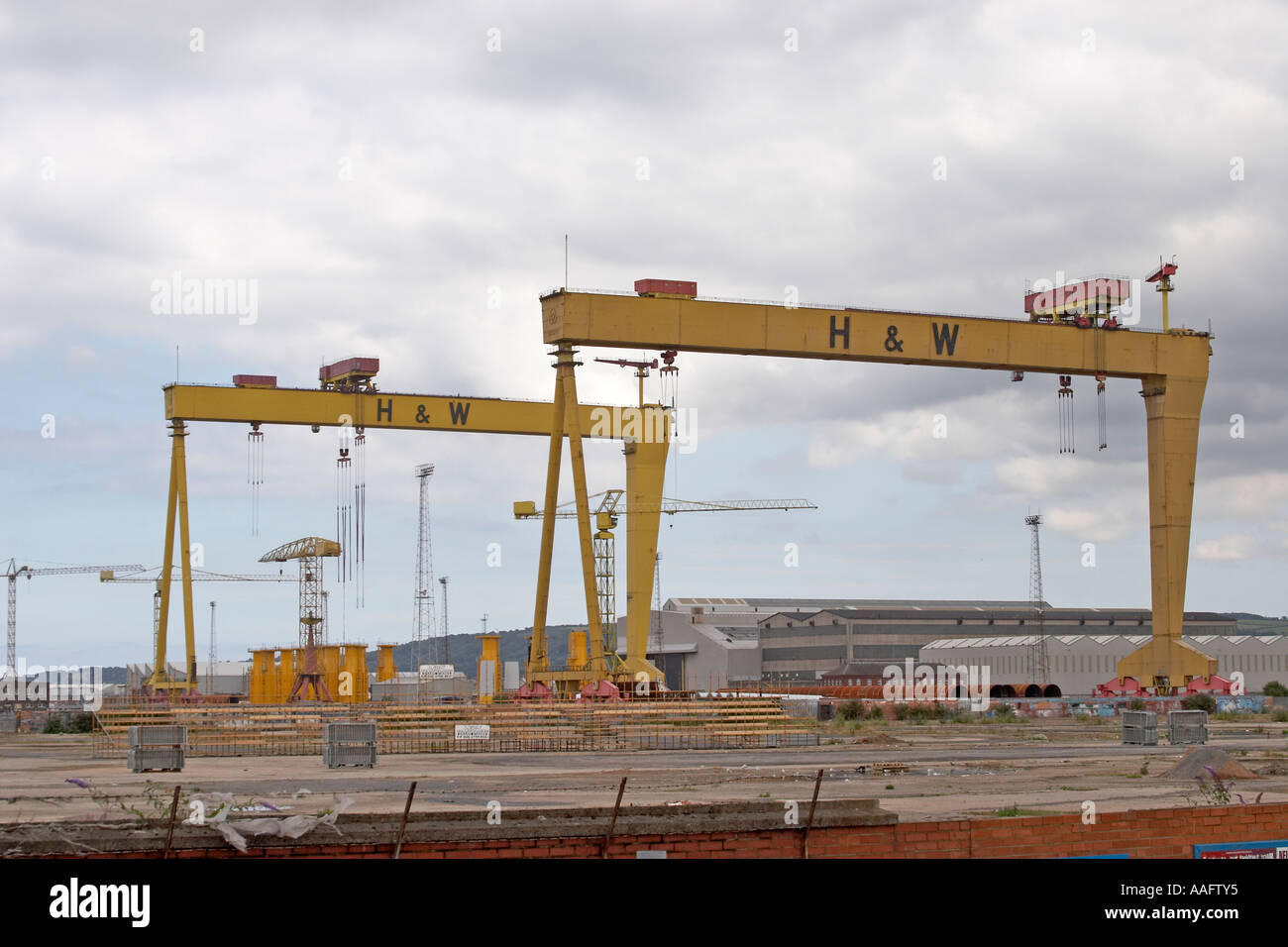 Samson and Goliath Harland and Wolff shipyard cranes beyond River Lagan ...