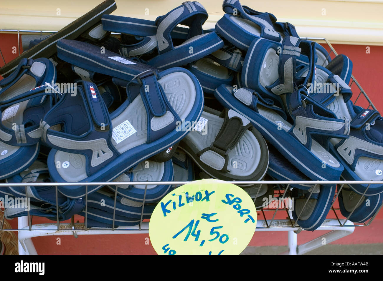 outdoor summer beach shop of shoes in france Stock Photo - Alamy