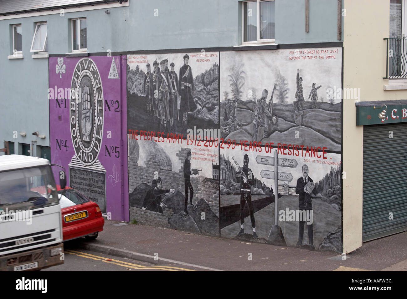 Loyalist Unionist UVF logos murals signs and graffiti on Shankill Road ...