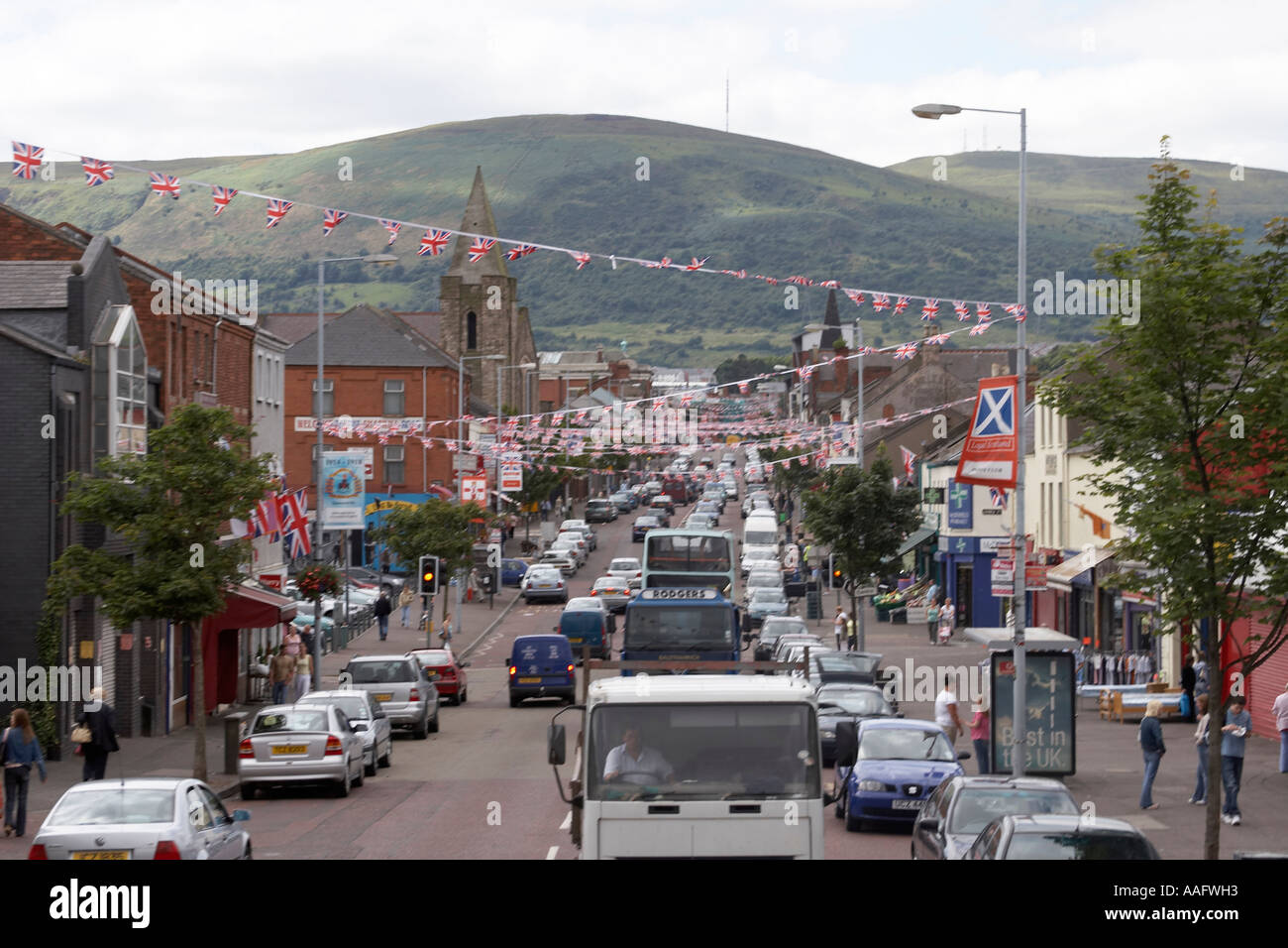 Loyalist Union Jack flags logos murals signs and graffiti on Shankill ...